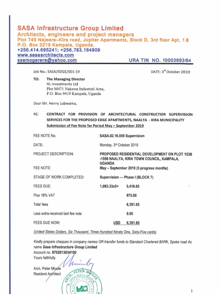 Sample Fee Note and Invoice May-sept 2019