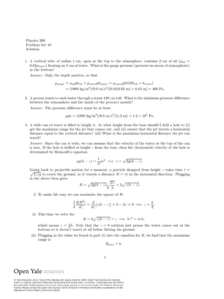 Problem Set 10 Solutions 0 PDF | PDF | Buoyancy | Pressure