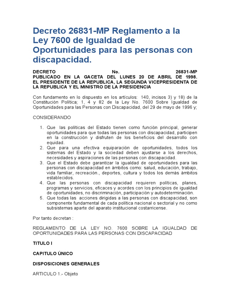 Reglamento A La Ley 7600 de Igualdad de Oportunidades para Las Personas ...