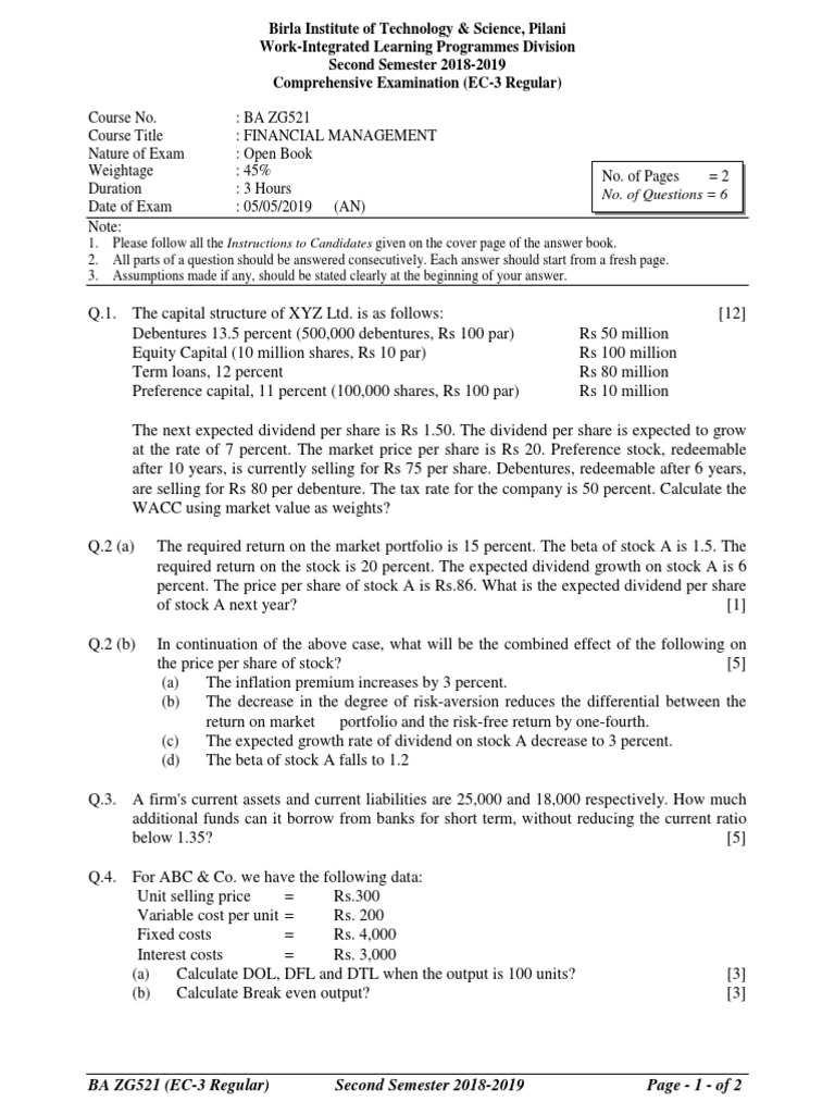 MBA Financial Management Exam Paper | PDF | Stocks | Beta (Finance)