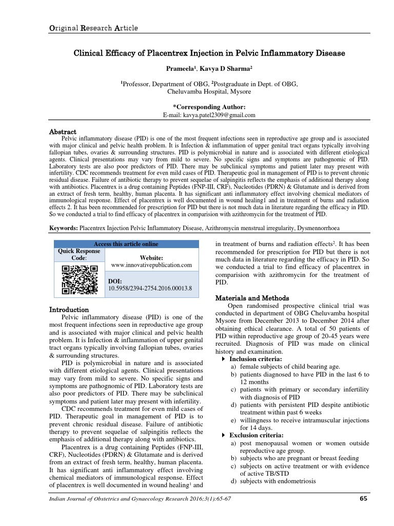 Clinical Efficacy of Placentrex Injection in Pelvic Inflammatory ...