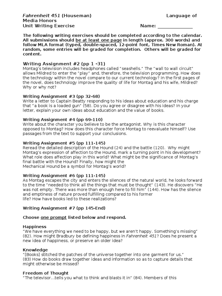 Fahrenheit Writing Assignments | PDF | Cognition | Cognitive Science