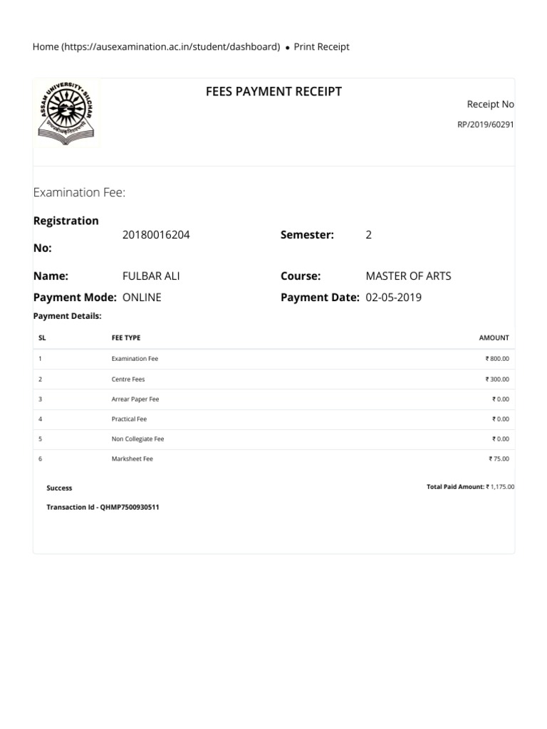 Print Receipt - Assam University PDF | PDF