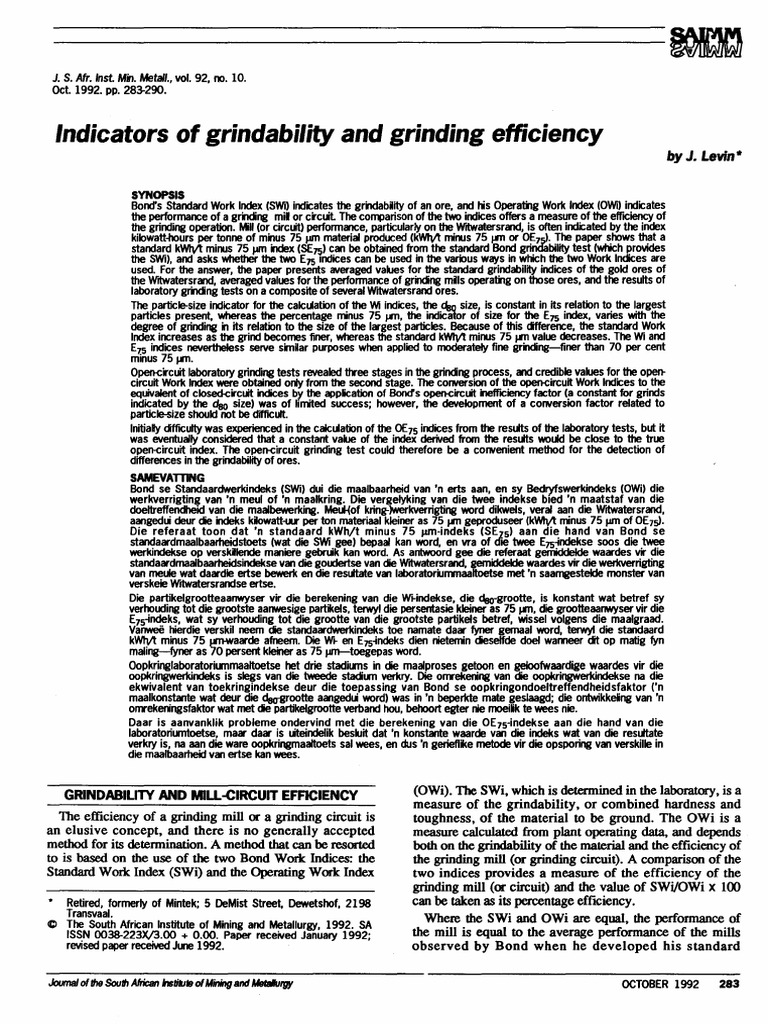 Indicator of Grindability and Grinding Efficiency | PDF | Mill ...