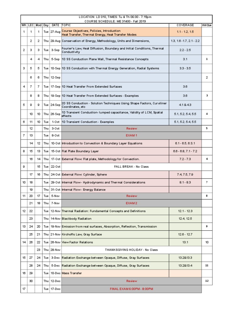 314 Schedule | PDF | Thermal Conduction | Heat Transfer