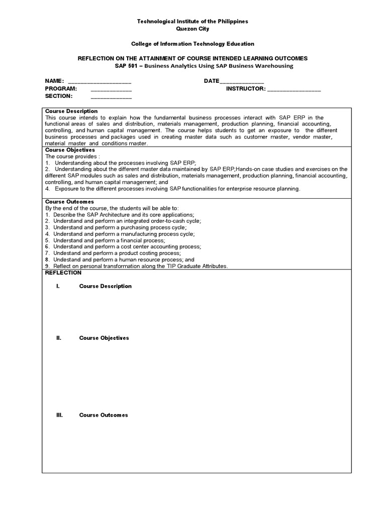SAP 501 ReflectionTemplate | PDF | Business Process | Learning