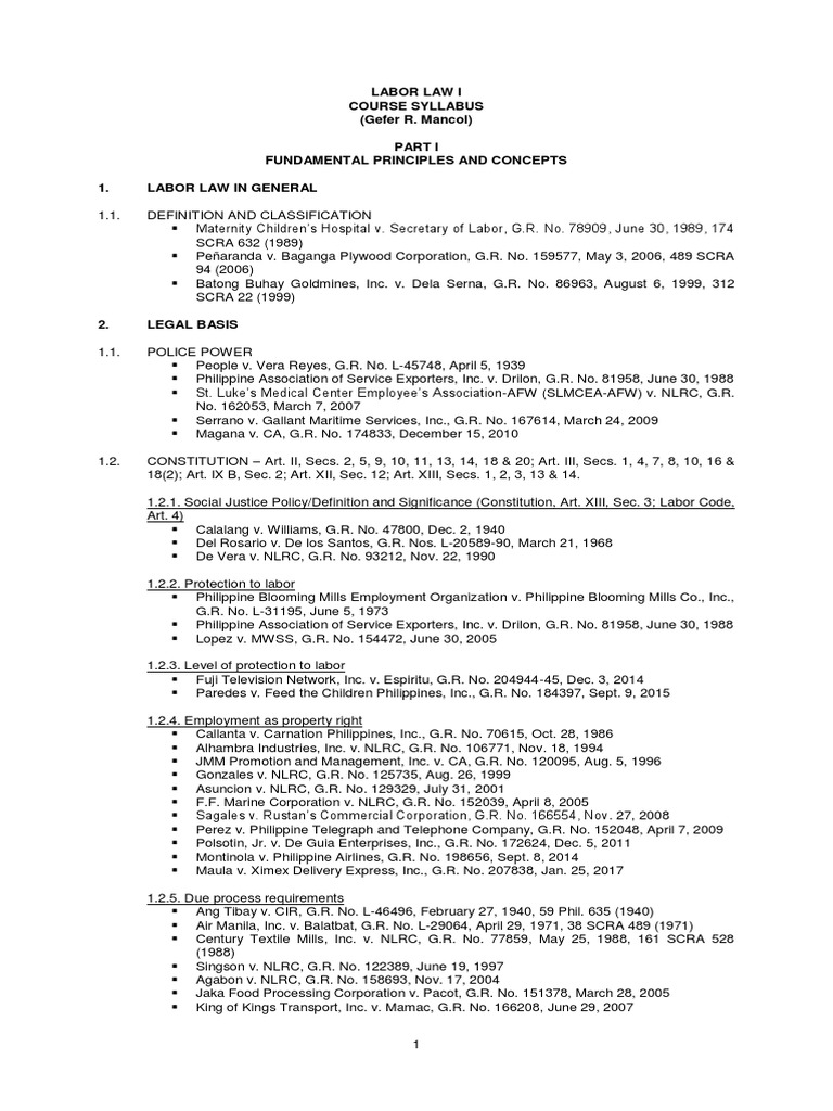 Labor Law I Course Syllabus (Gefer R. Mancol) Fundamental Principles ...