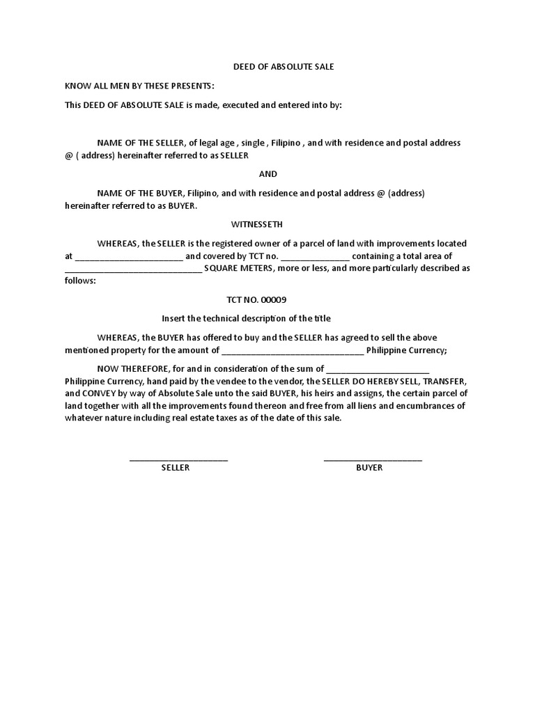 Sample Deed of Absolute Sale Template | PDF | Land Lot | Sales