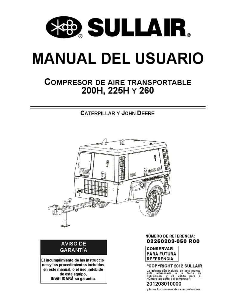 Manual Usuario Compresor Sullair 260 | PDF | Motor diesel | Remolque ...