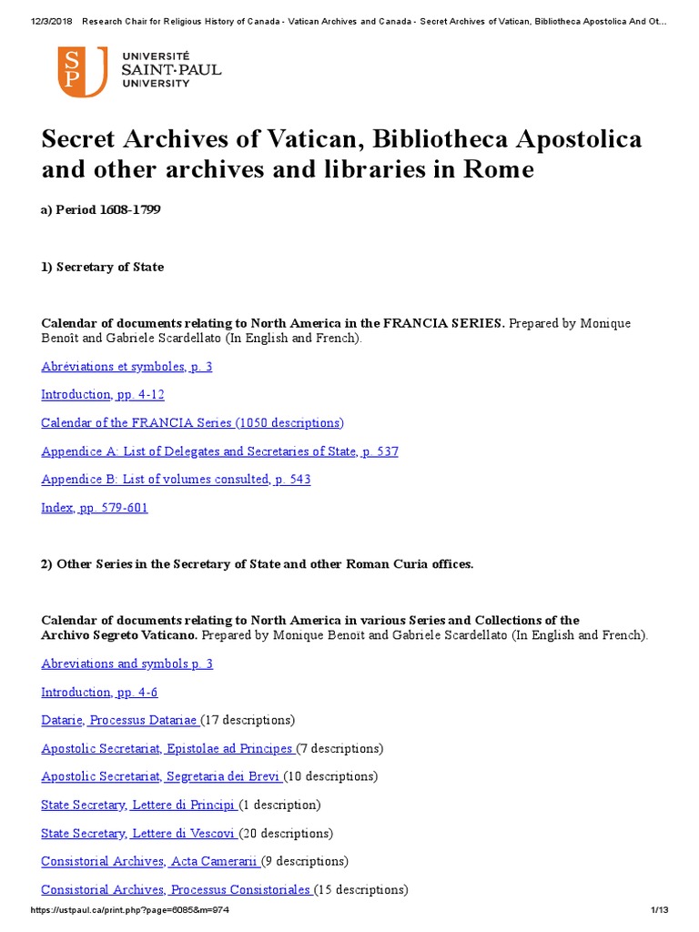 Secret Archives of Vatican, Bibliotheca Apostolica and Other Archives ...