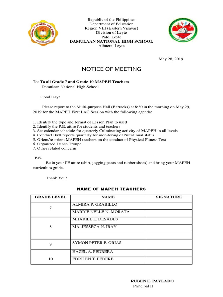 Notice of Meeting: Damulaan National High School | PDF