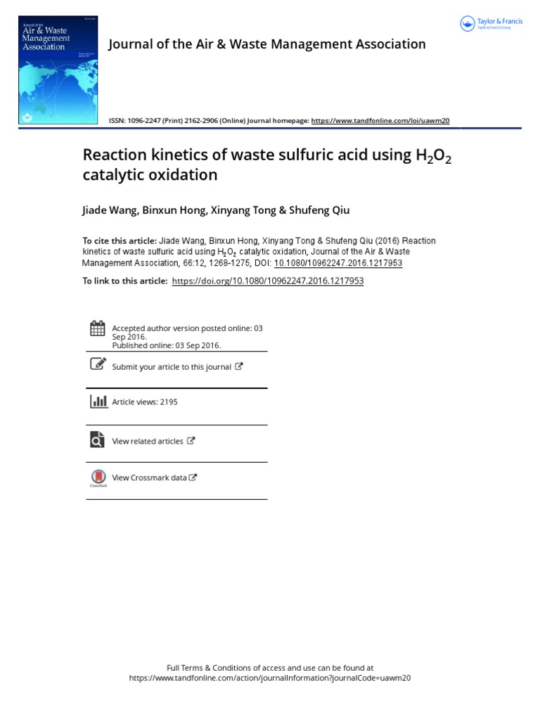 Reaction Kinetics of Waste Sulfuric Acid Using H2O2 Catalytic Oxidation ...