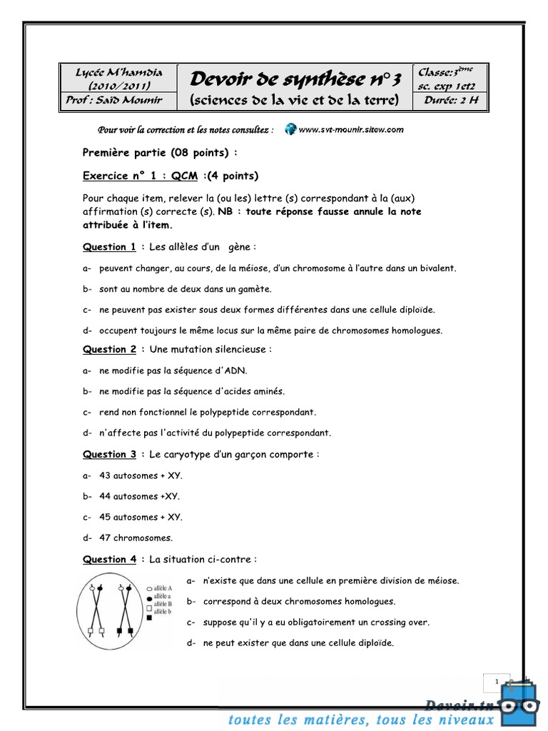 Devoir de Synthèse N°3 Avec Correction 2010 2011 (Said Mounir) (Mhamdia) | PDF | Allèle | Génotype