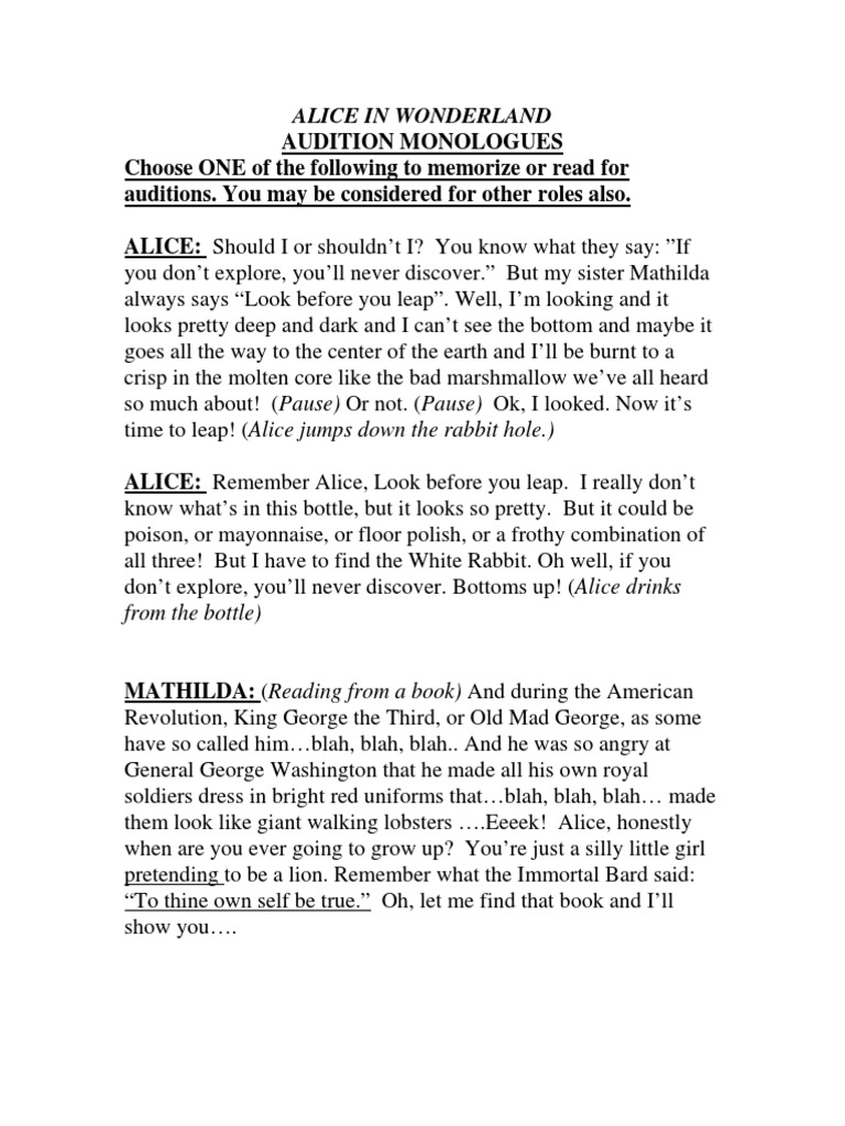 Alice in Wonderland Monologue Sample | PDF | Literary Motifs | English ...
