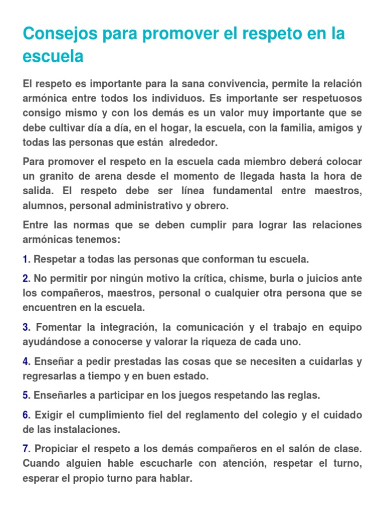 Consejos Para Promover El Respeto En La Escuela Pdf Educación De La