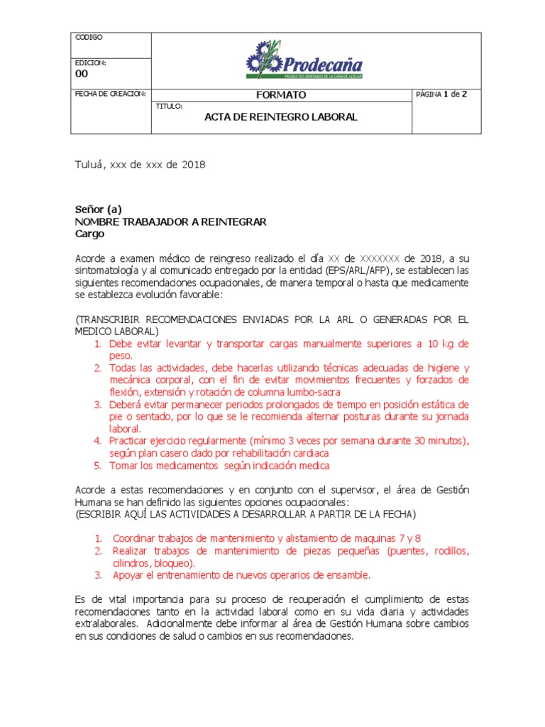 Acta de Reintegro Laboral | PDF | Bienestar | Medicina