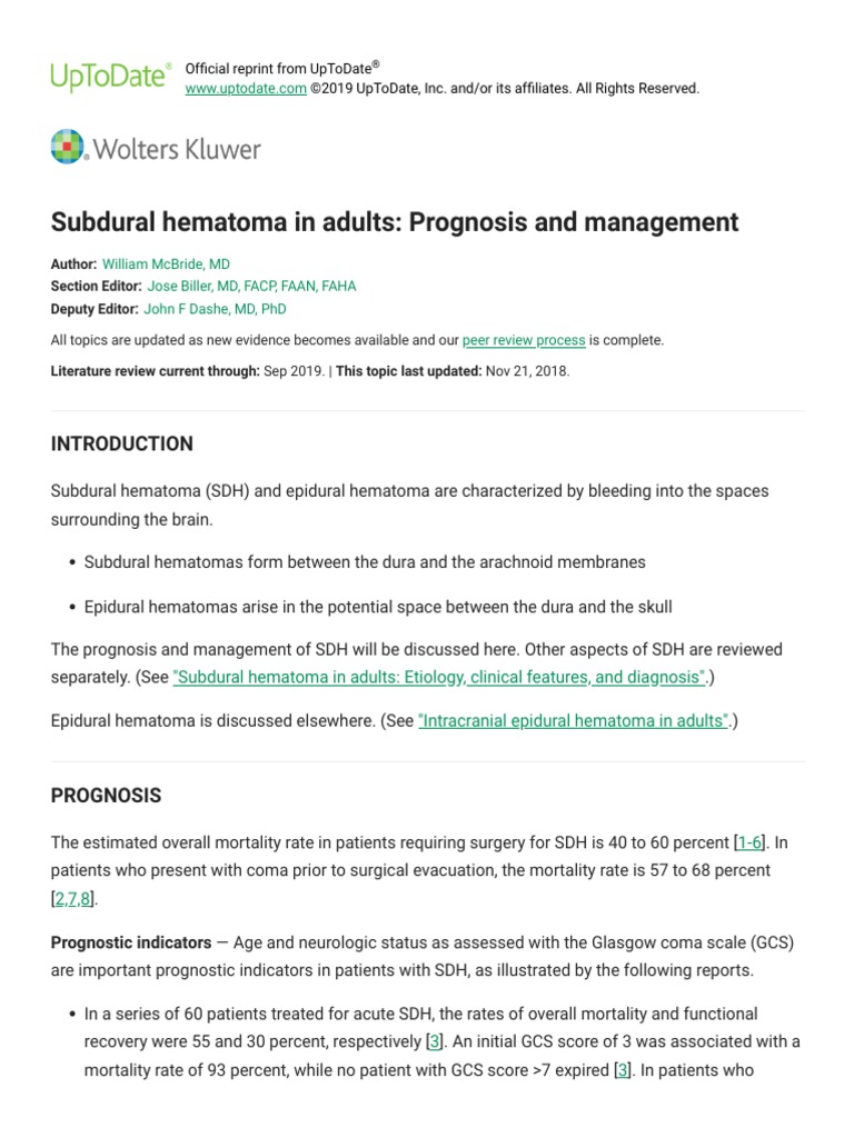 Subdural Hematoma in Adults - Prognosis and Management - UpToDate PDF ...