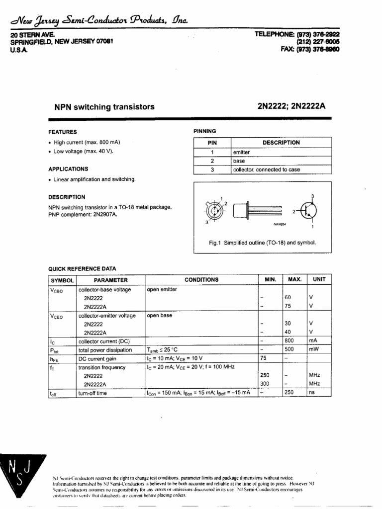 NPN Switching Transistors 2N2222 2N2222A | PDF | Bipolar Junction ...