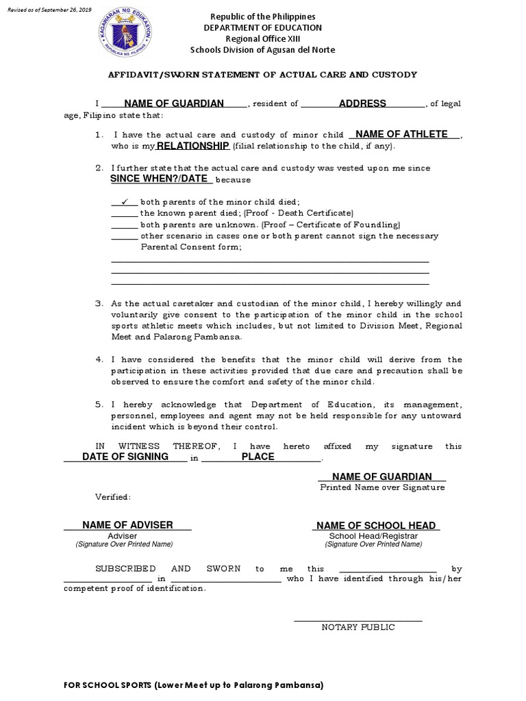 Affidavit of Guardianship for School Sports | PDF | Child Custody ...