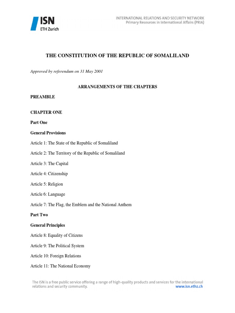 The Constitution of The Republic of Somaliland: Approved by Referendum ...