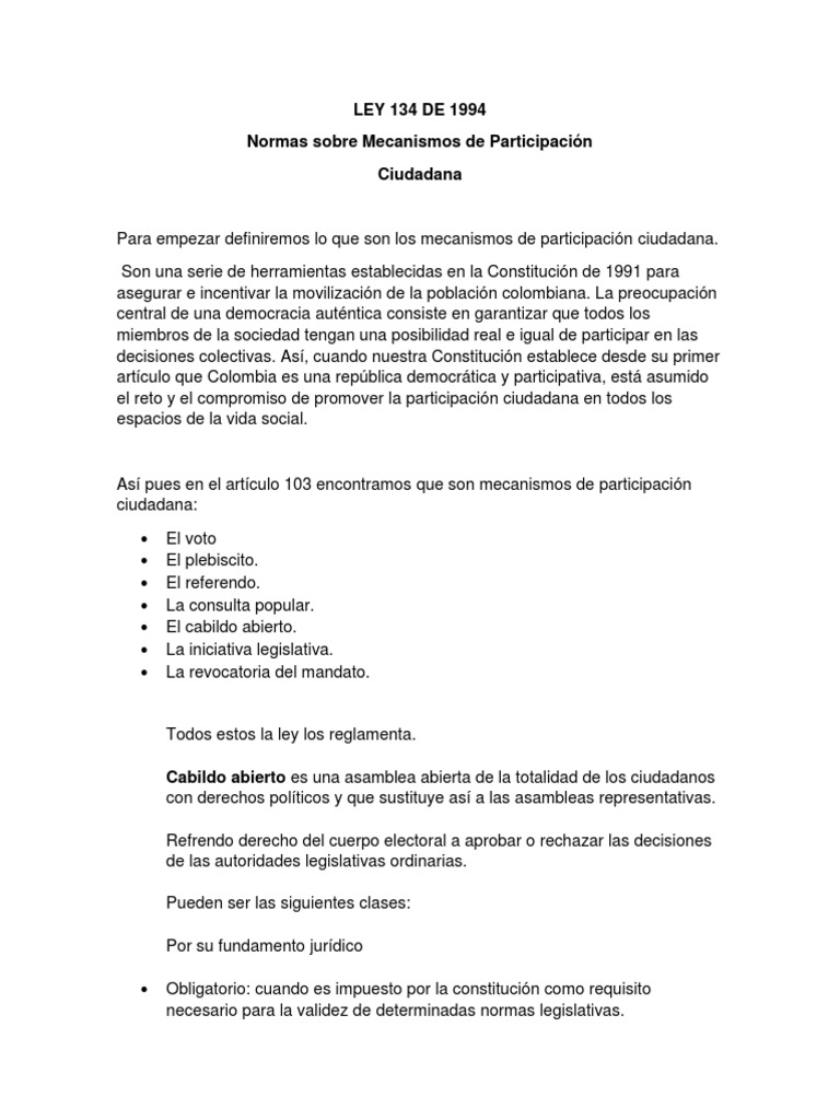 LEY 134 de 1994 Mecanismos de Participacion Ciudadana | PDF ...
