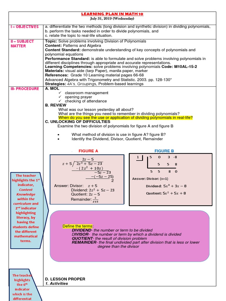 Lesson Plan in Synthetic and Long Division | PDF | Division ...