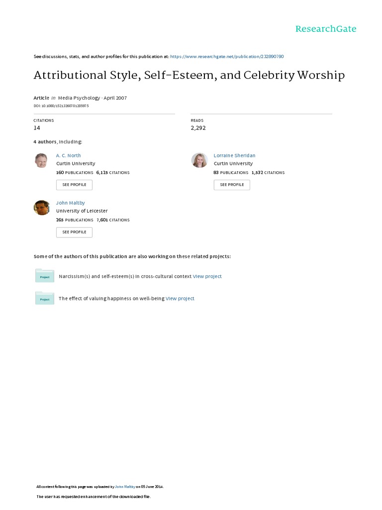 Attributional Style, Self-Esteem, and Celebrity Worship: Media ...