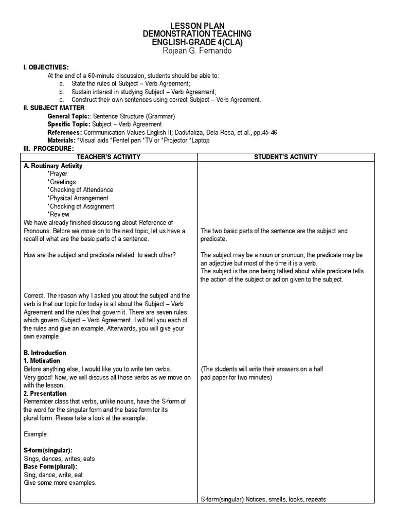 LESSON PLAN DEMO TEACHMIPSS Subject Verb Agreement Roj | PDF | Subject ...