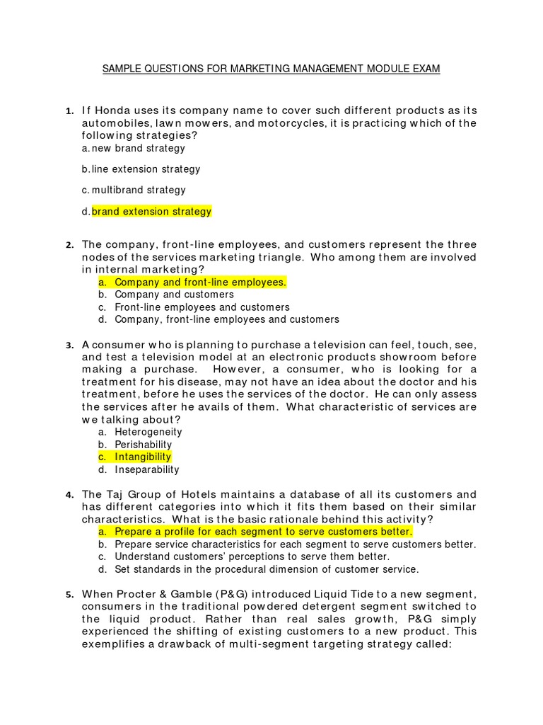 Sample Questions For Marketing Management Module Exam | PDF | Career ...