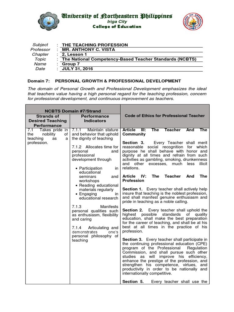 NCBTS Domain 7 PDF Profession Teachers