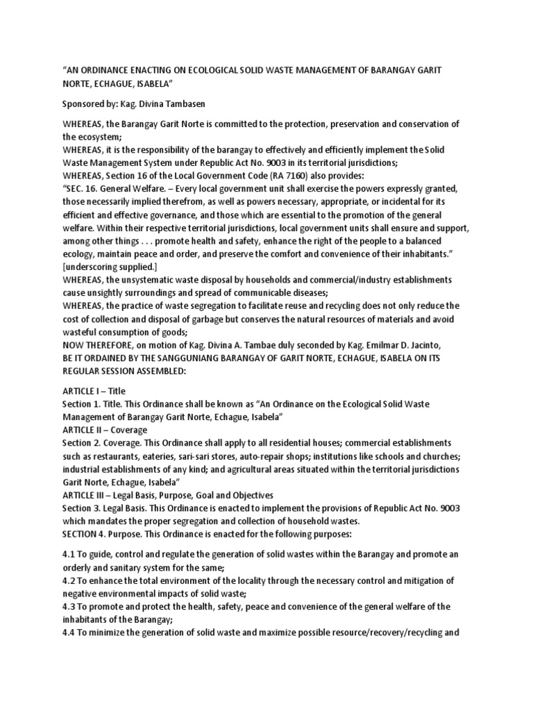 An Ordinance Enacting On Ecological Solid Waste Management of Barangay ...