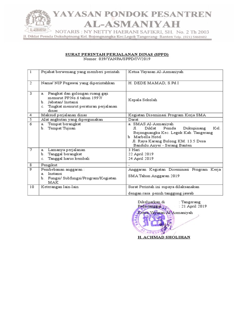 Contoh SPPD Sekolah Swasta Terbaru Doc ASMANIYAH | PDF