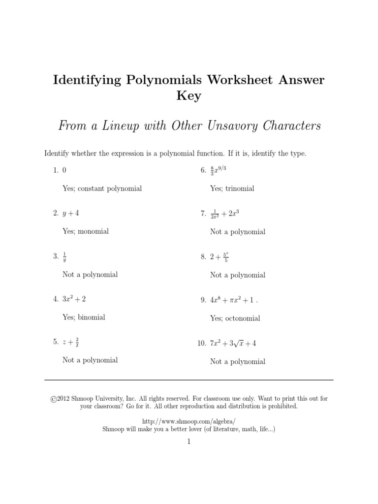 Identifying Polynomials Worksheet Answer Key From A Lineup With Other ...