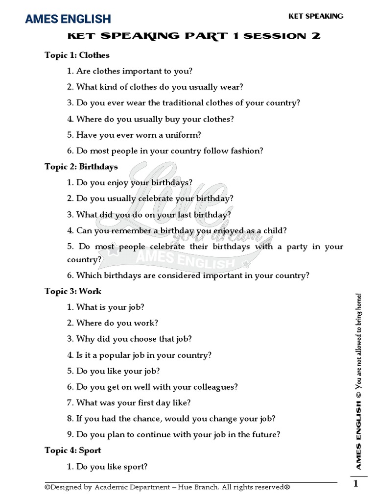 Ket SPEAKING PART 1 Session 2: Topic 1: Clothes | PDF