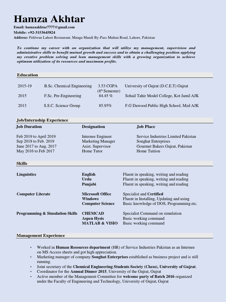 RECENT Engineer Hamza Akhtar's CV | PDF