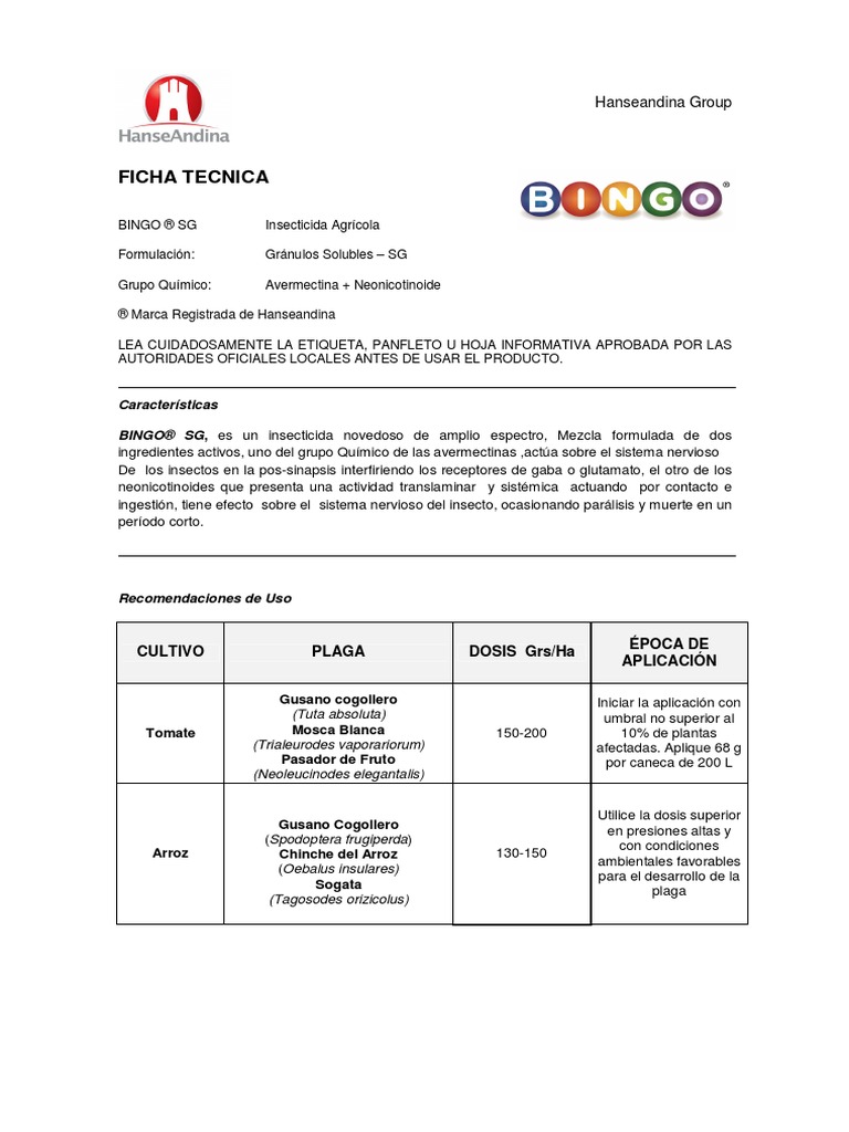 Ficha Tecnica Bingo SG | PDF | Insecticida | Agua