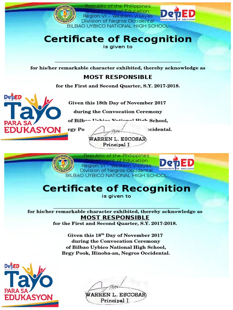 Most Responsible Student Award Certificate | PDF
