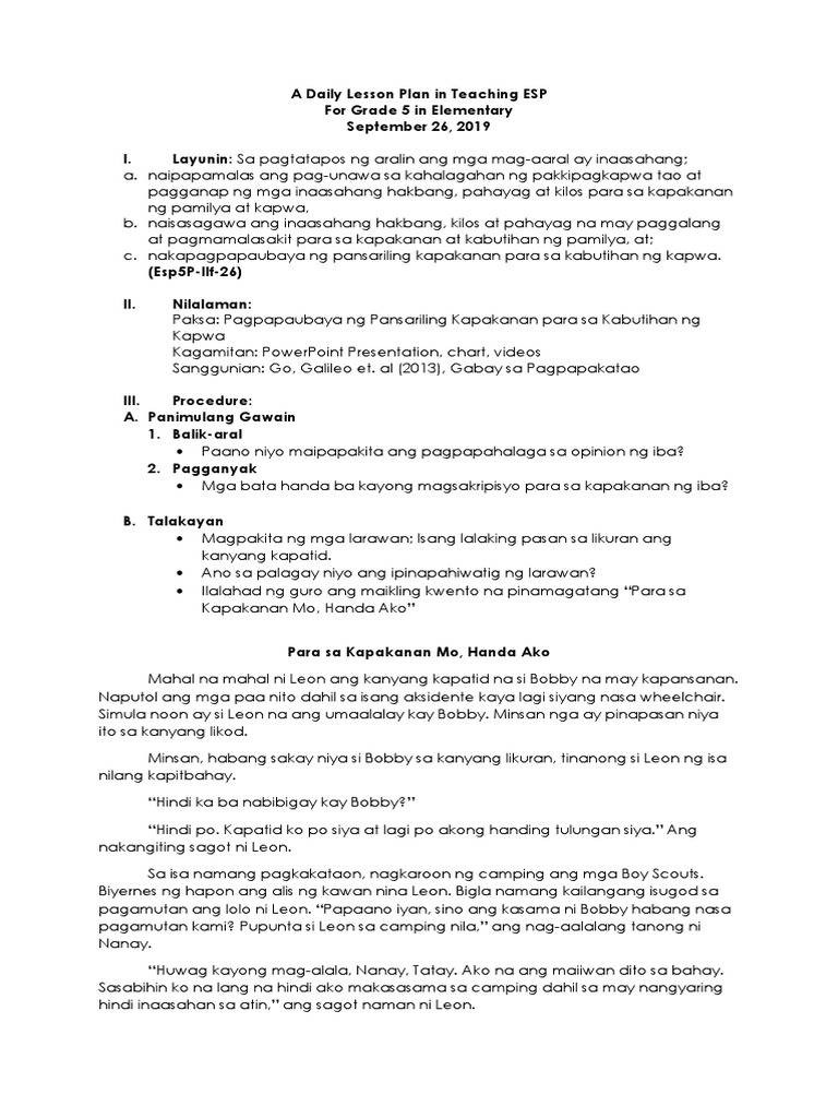 Semi-Detailed Lesson Plan (ESP 1) | PDF
