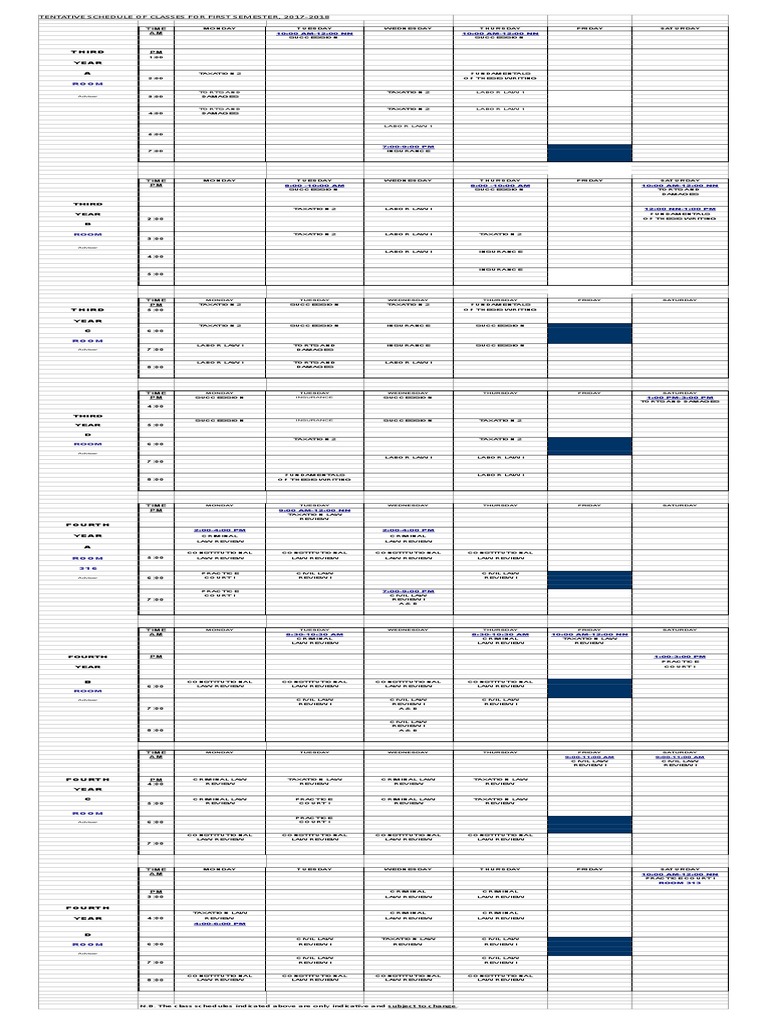 Tentative'Schedule'Of'Classes'For'First'Semester,'201772018: Third Year ...