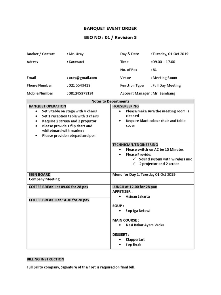 Banquet Event Order BEO NO: 01 / Revision 3: Notes To Departments | PDF