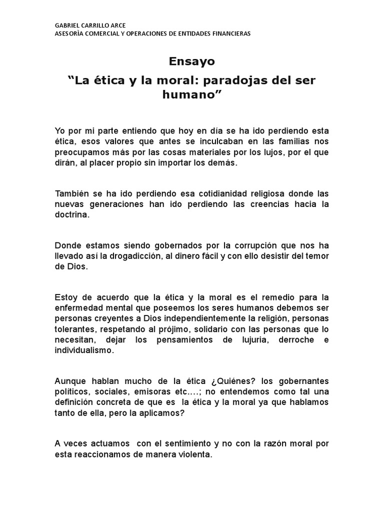 Ensayo “La ética y la moral: paradojas del ser humano” | Moralidad | Dios