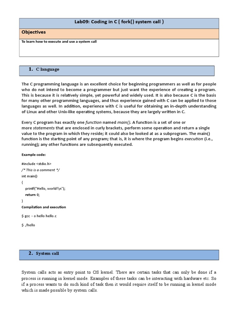 Lab09: Coding in C (Fork System Call) Objectives | PDF | C (Programming Language) | Subroutine