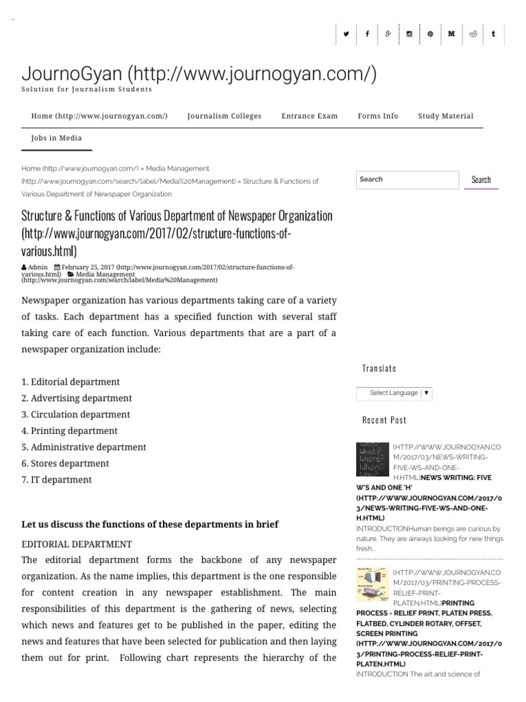 Structure & Functions of Various Department of Newspaper Organization ...