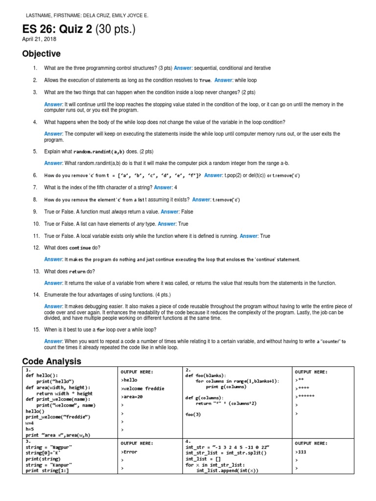 ES 26: Quiz 2 (30 PTS.) : Objective | PDF | Control Flow | Function (Mathematics)