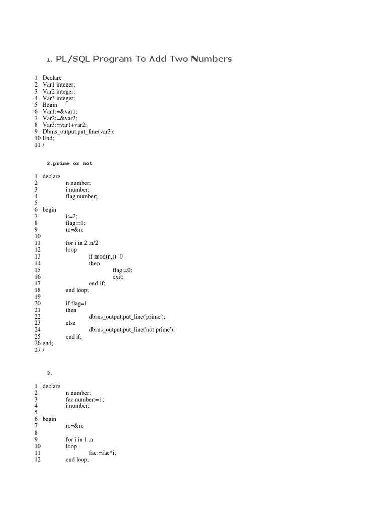 PL/SQL Program To Add Two Numbers: 2.prime or Not | PDF | Computer Programming | Sql