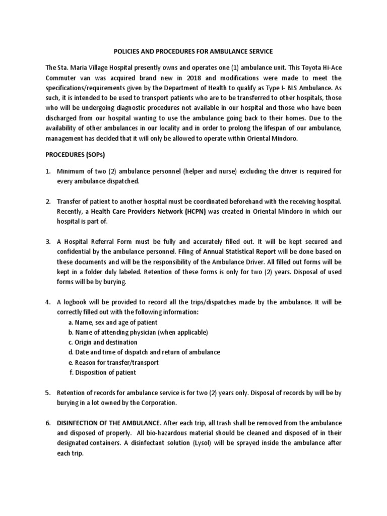 Policies and Procedures For Ambulance Service | PDF | Medical Imaging ...