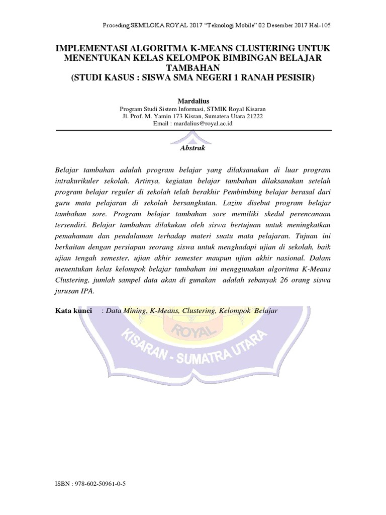 Implementasi Algoritma K-Means Clustering Untuk Menentukan Kelas Kelompok Bimbingan Belajar ...
