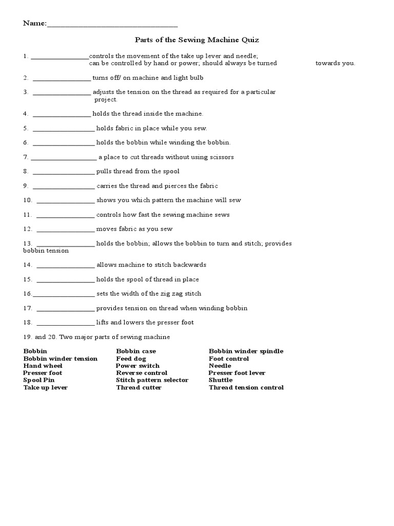 Name: - Parts of The Sewing Machine Quiz | PDF