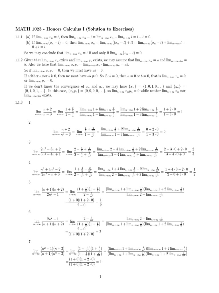 Honors Calculus I Solutions | PDF | Fraction (Mathematics) | Abstract ...