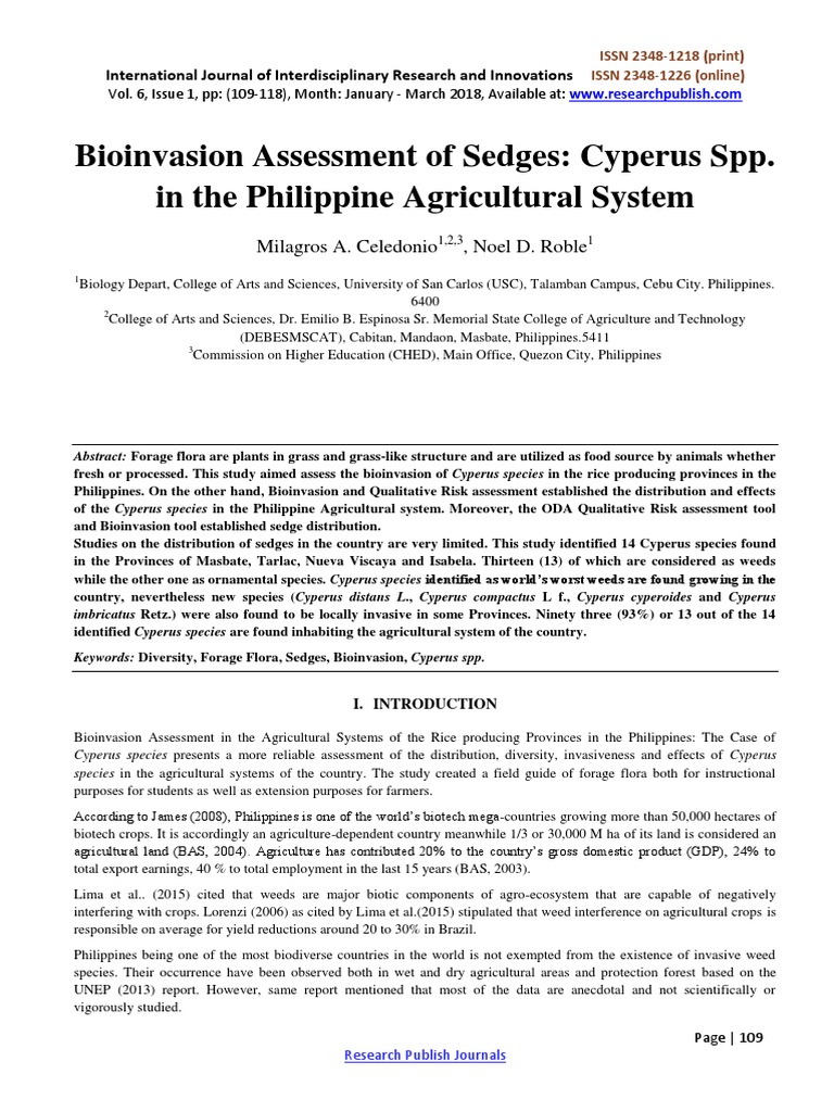Bioinvasion Assessment of Sedges: Cyperus Spp. in The Philippine ...